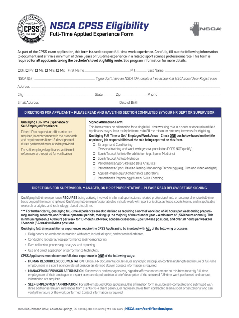Nsca Cpss Eligibility Full Time Applied Experience Form | PDF | Analytics | Employment