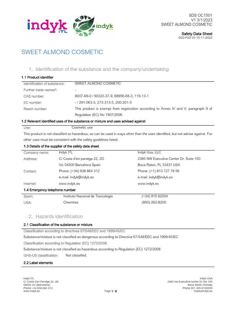 SDS Sweet Almond Cosmetic - 2023 | Download Free PDF | Personal ...