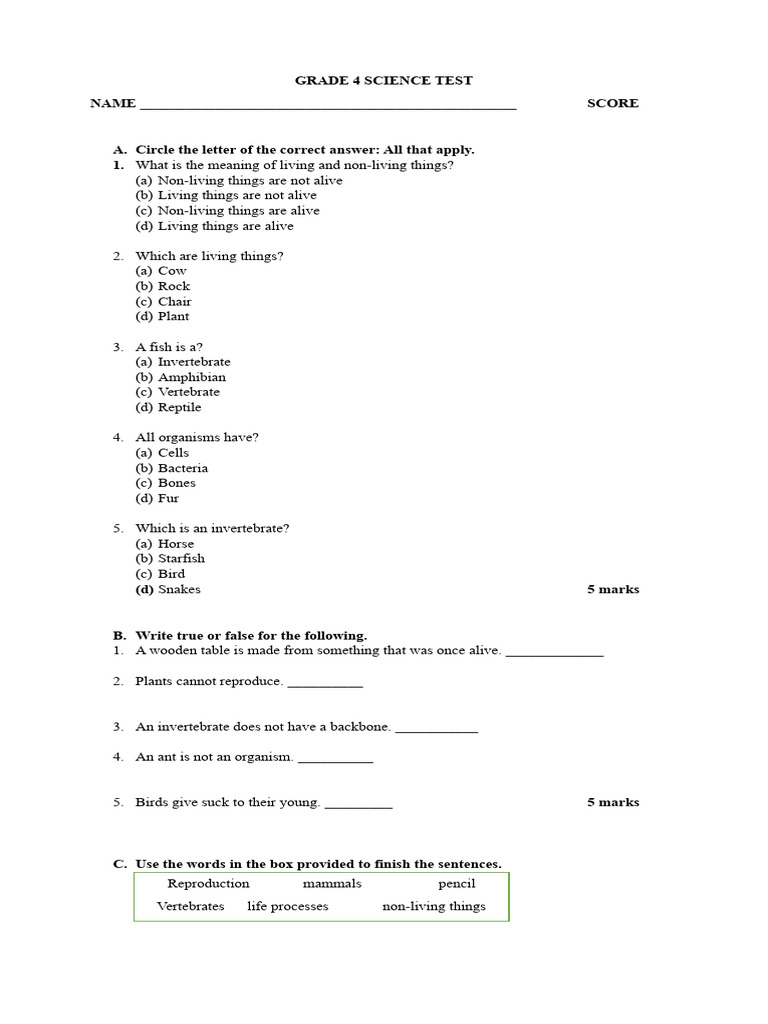 Grade 4 Science Test | PDF | Vertebrates | Invertebrate