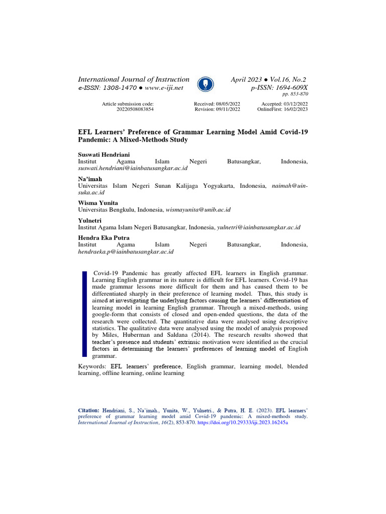 EFL Learners' Grammar Model Preferences During COVID-19 | PDF ...