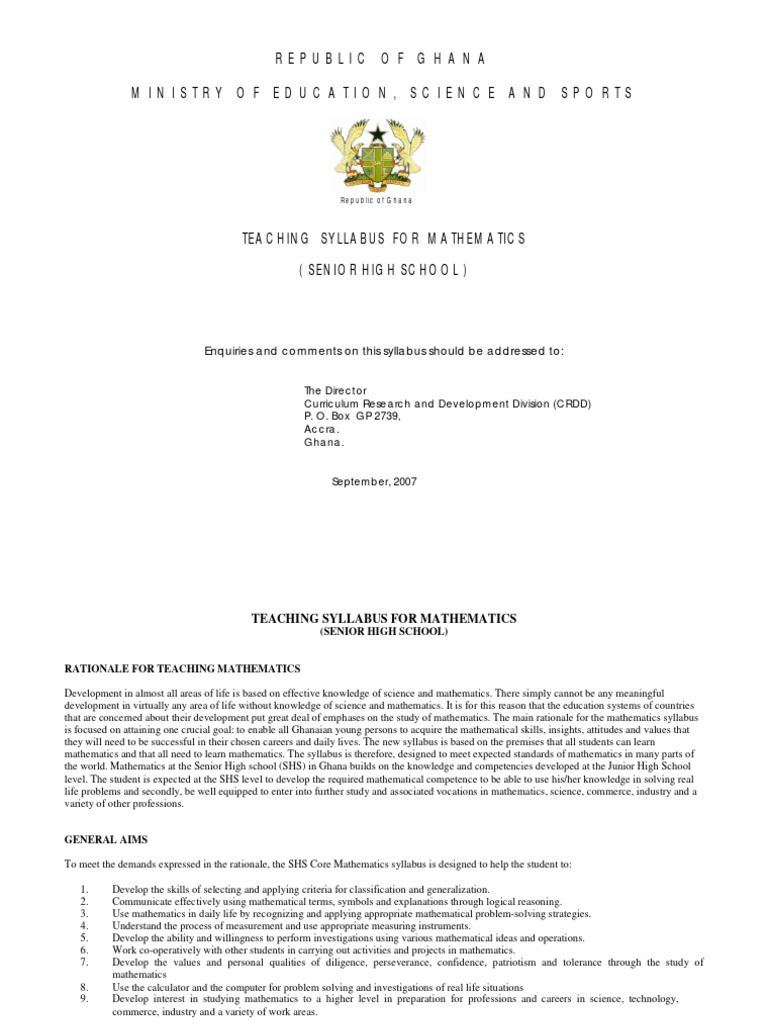 Mathematics Syllabus SHS 1 - 4 | PDF | Educational Assessment | Mathematics