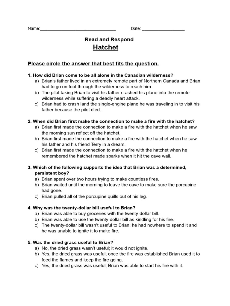 Hatchet: Read and Respond | PDF | Language Arts & Discipline | Home ...