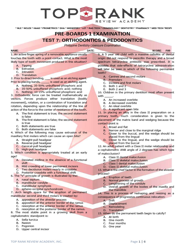 TEST 7 - Orthodontics & Pedodontics (STUDENT COPY) | PDF | Orthodontics ...