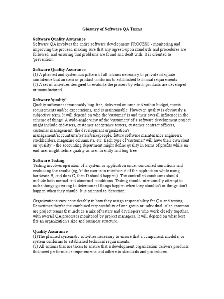 Software QA Terms Glossary | PDF | Software Testing | Quality Assurance