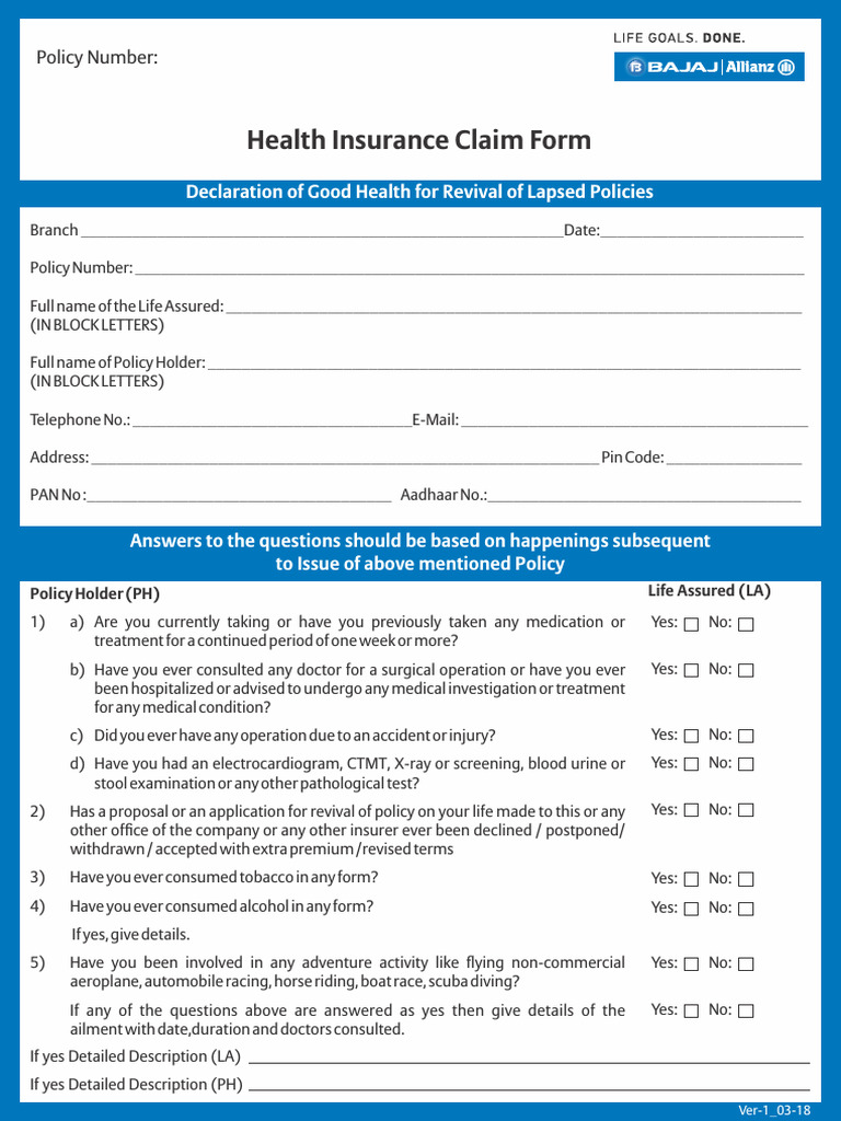 Health Insurance Claim Form: Declaration of Good Health For Revival of ...