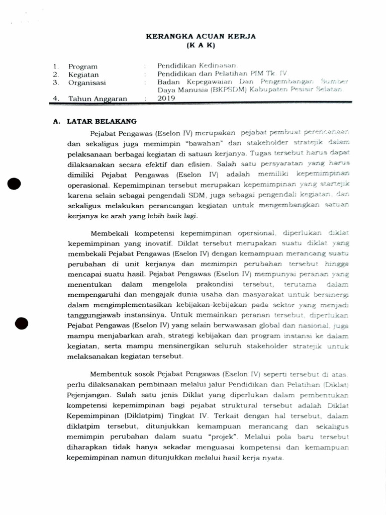 Kerangka Acuan Kerja Kegiatan Pendidikan Dan Pelatihan PIM TK IV Tahun ...