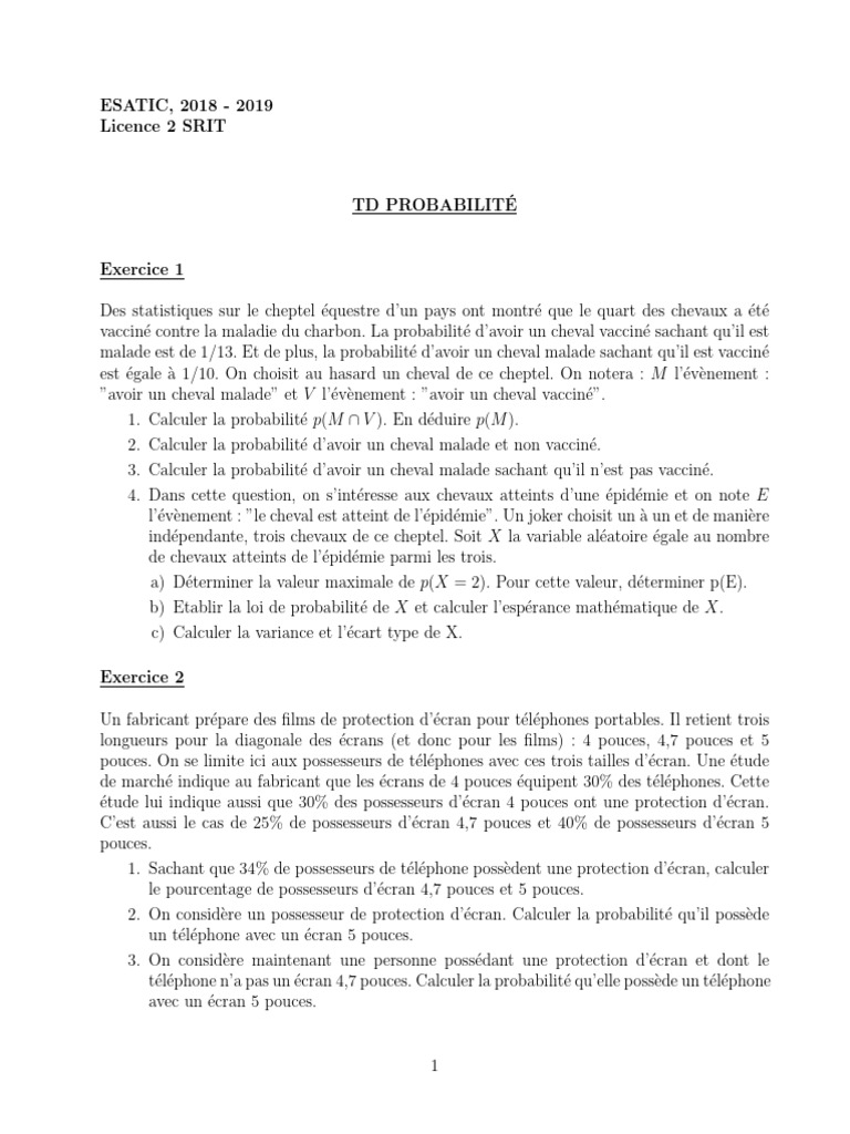 TD1 Proba Esatic 2019 | PDF | Probabilité | Loi de probabilité
