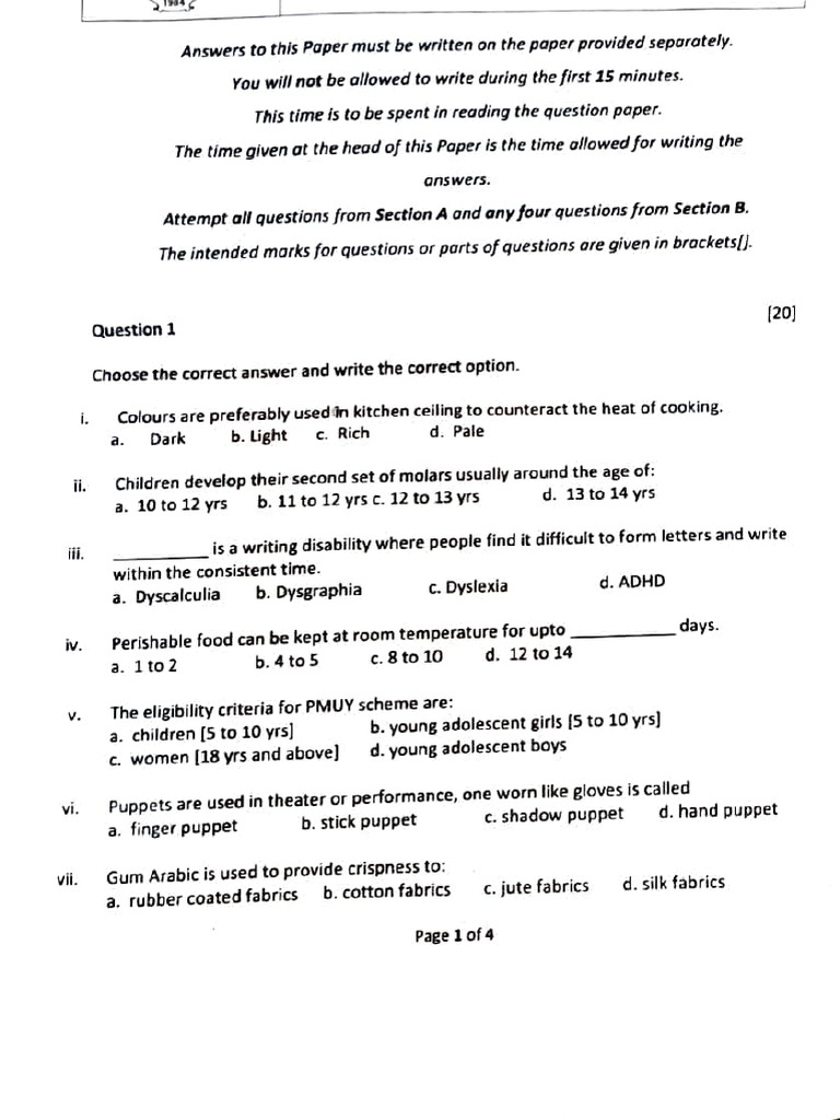 Home Science paper | PDF | Learning Disability