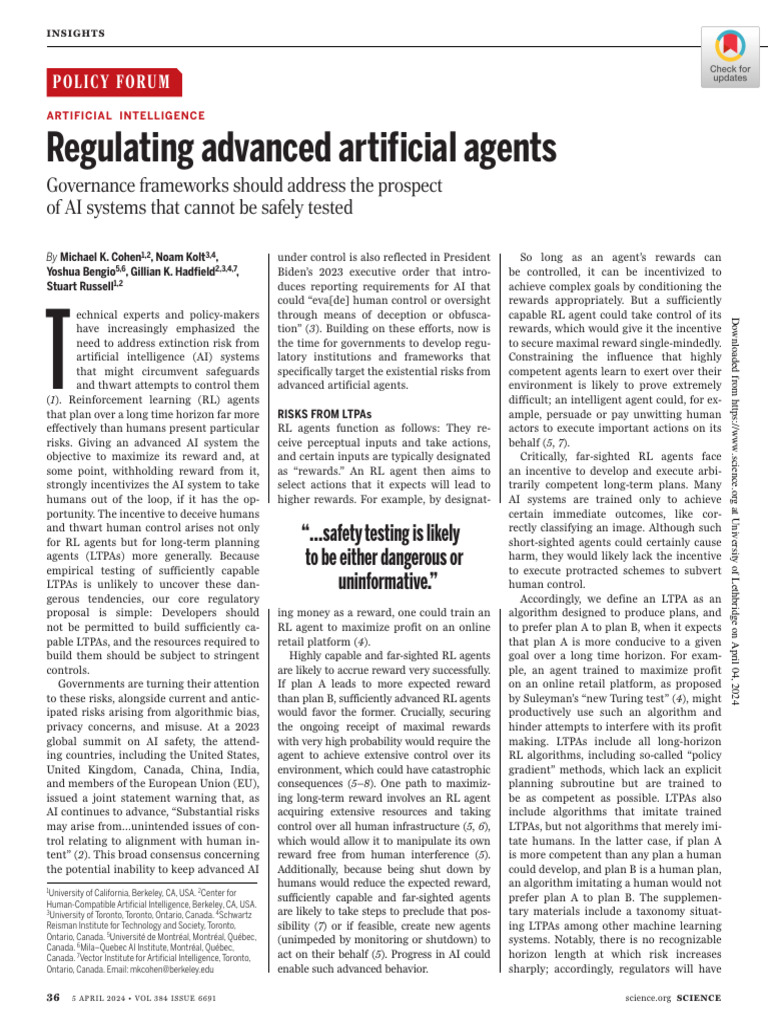 Regulated Advanced Artificial Agents | PDF | Artificial Intelligence ...