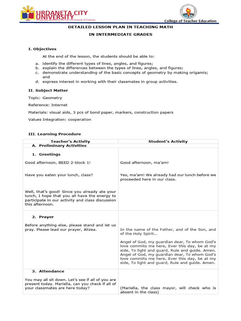 GEOMETRY Lesson Plan | Download Free PDF | Line (Geometry) | Shape