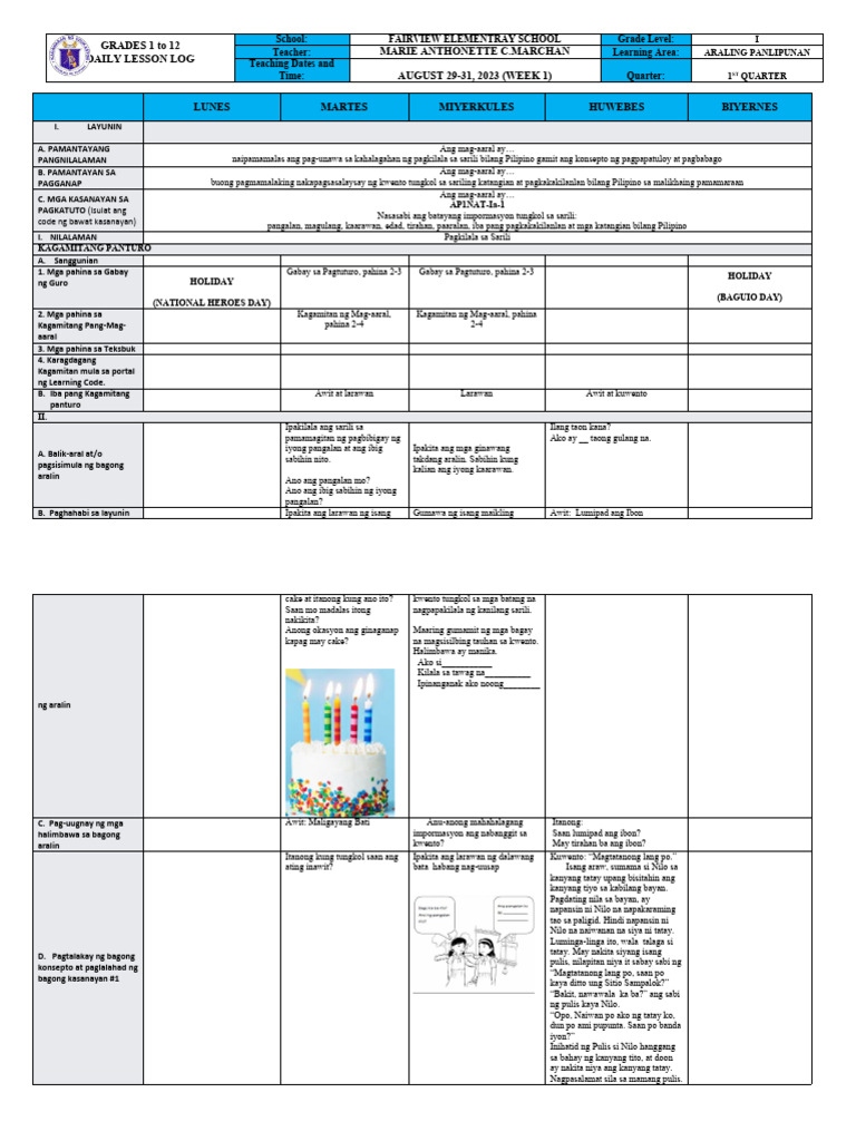 DLL - Araling Panlipunan 1 - Q1 - W1 | PDF