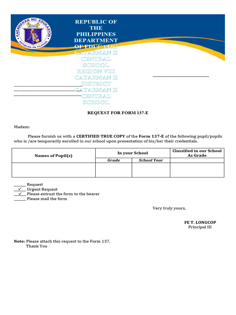 Request For Form 137 e | PDF