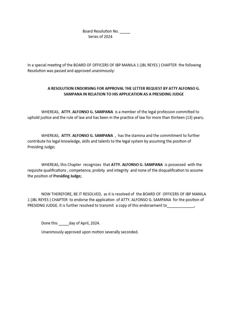 Board Resolution No. ATTY SAMPANA | PDF