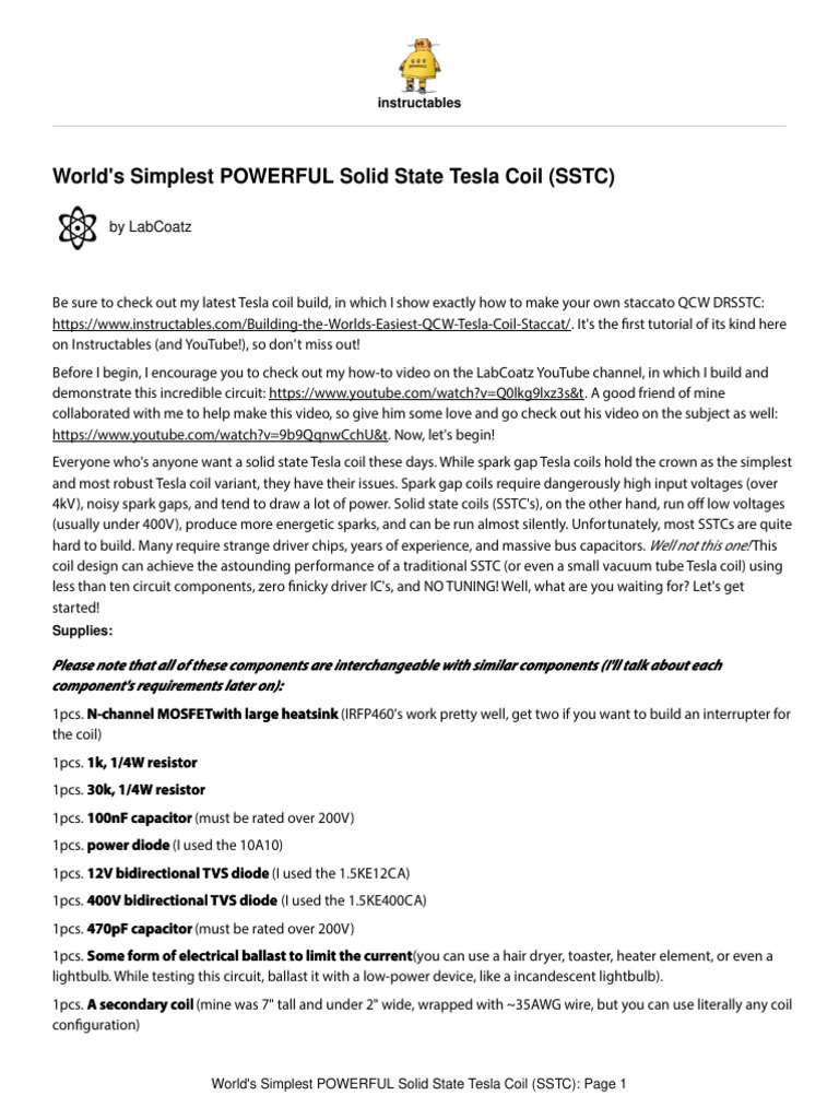 Simplest POWERFUL Solid State Tesla Coil SSTC | PDF | Field Effect ...