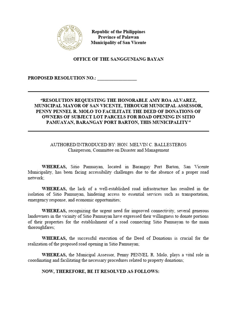 Proposed Resolution - Deed of Donation, Pamuayan Road | PDF