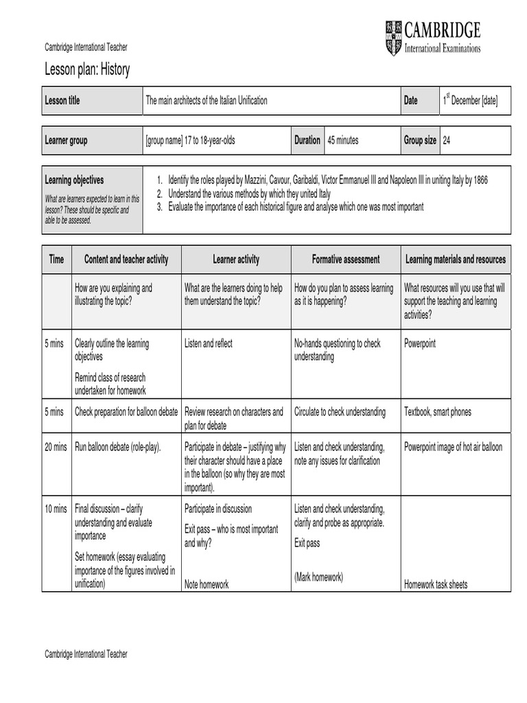Lesson Plan 2018 History | PDF | Lesson Plan | Learning