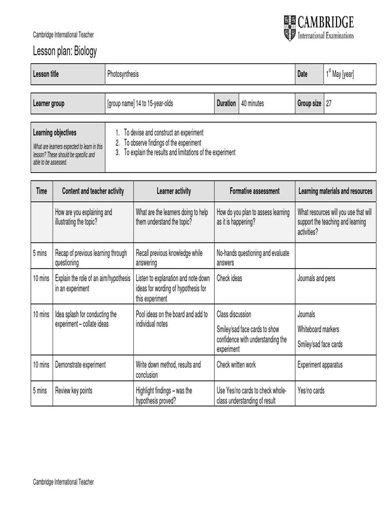Lesson Plan 2018 Biology | PDF | Learning | Experiment