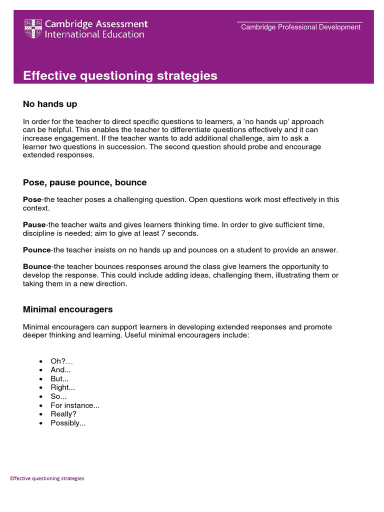 AfL Effective Questioning Strategies | PDF | Learning | Teachers AfL Effective Questioning Strategies | PDF | Learning | Teachers