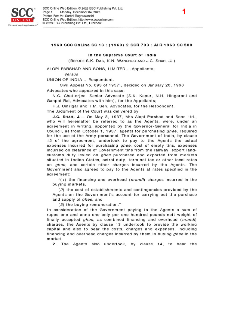 Alopi Parshad and Sons Ltd. v. Union of India, 1960 SCC OnLine SC 13 ...