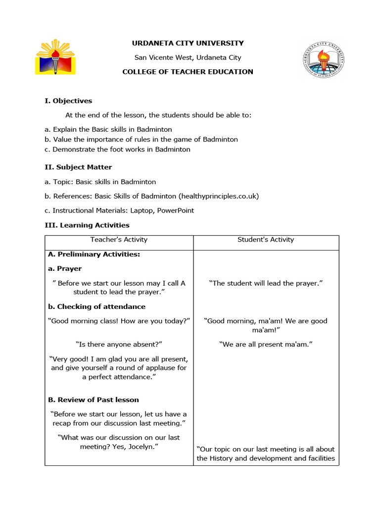 Pathfit 4 Basic-Skills-In-Badminton DLP | PDF