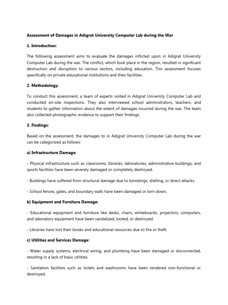 Assessment of Damages To Private Schools in Adigrat Town During | PDF ...