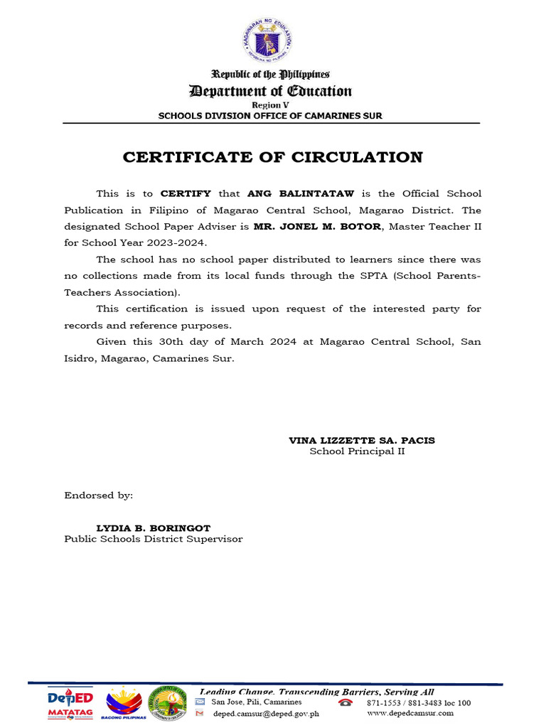 Certificate of Circulation for School Paper | PDF