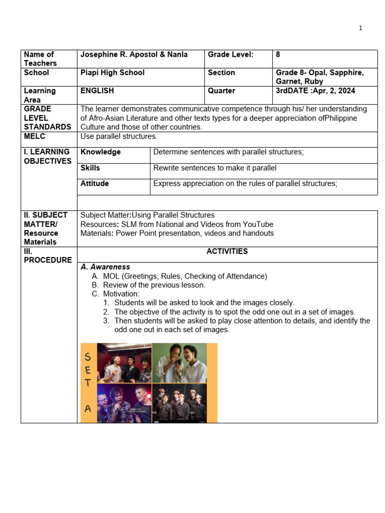 Grade-8-DLL-Using-Parallel-Structures | PDF | Learning | Cognitive ...