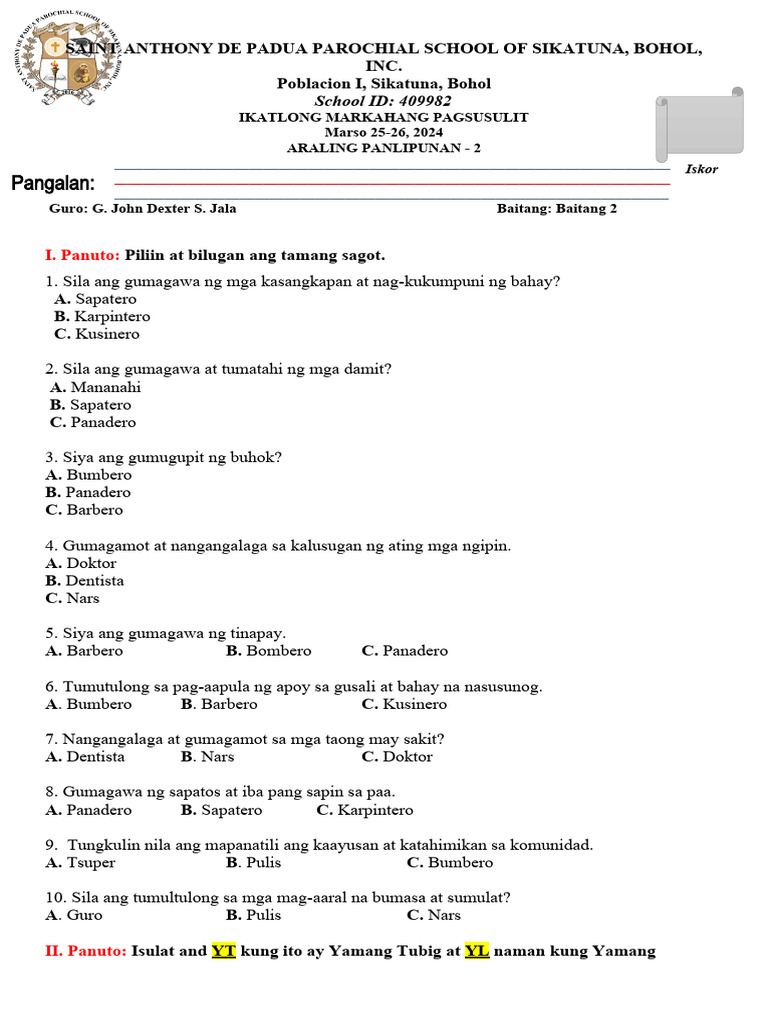Ap Grade 2 3RD QTR Exam | PDF