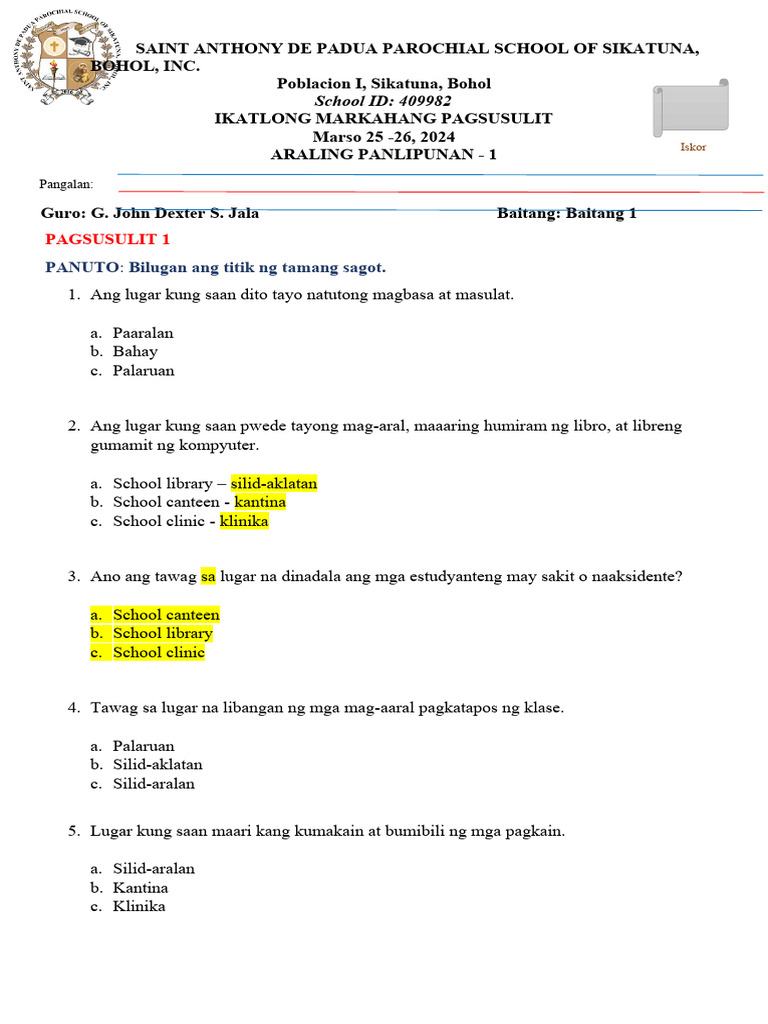 Ap Grade 1 3RD QTR Exam | PDF