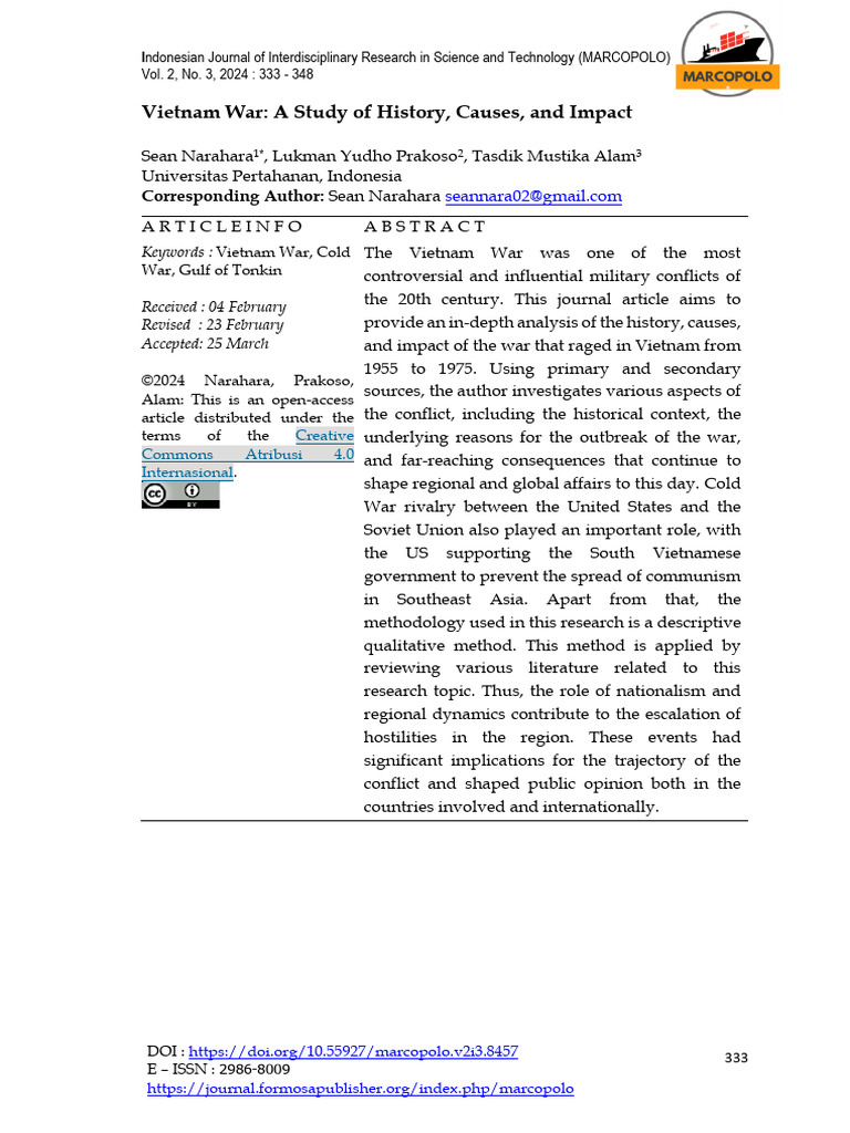 Vietnam War: A Study of History, Causes, and Impact Sean Narahara, Lukman Yudho Prakoso, Tasdik ...