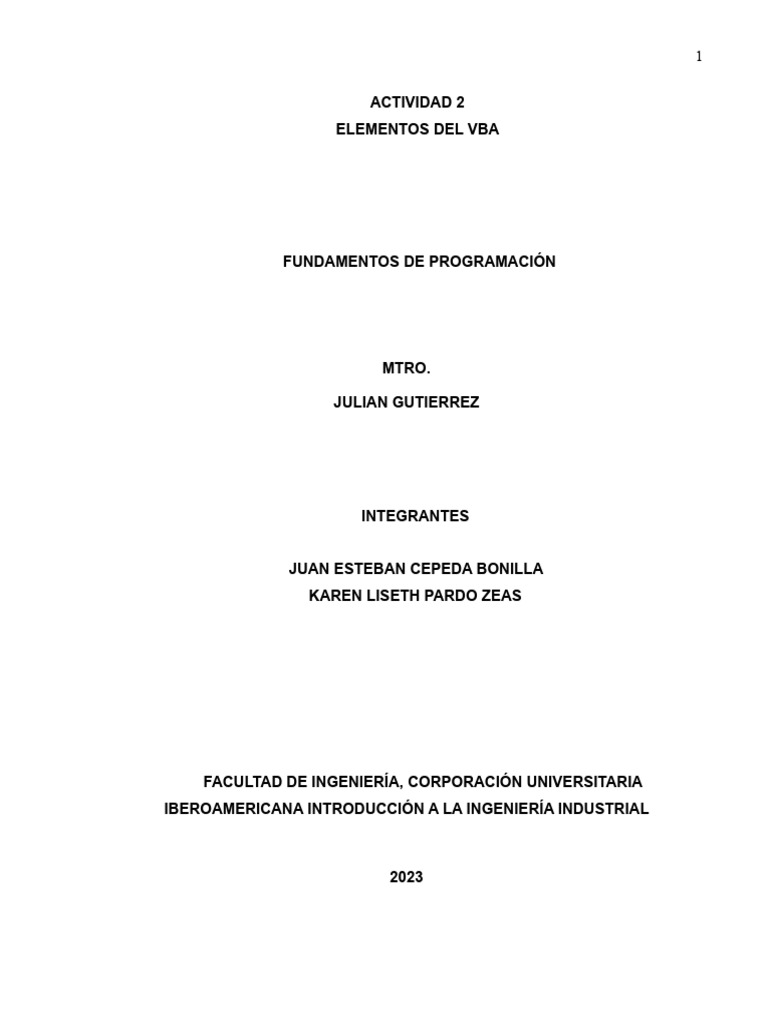Elementos Del Vba Actividad 2 | PDF | Objeto (informática) | Visual Basic para Aplicaciones
