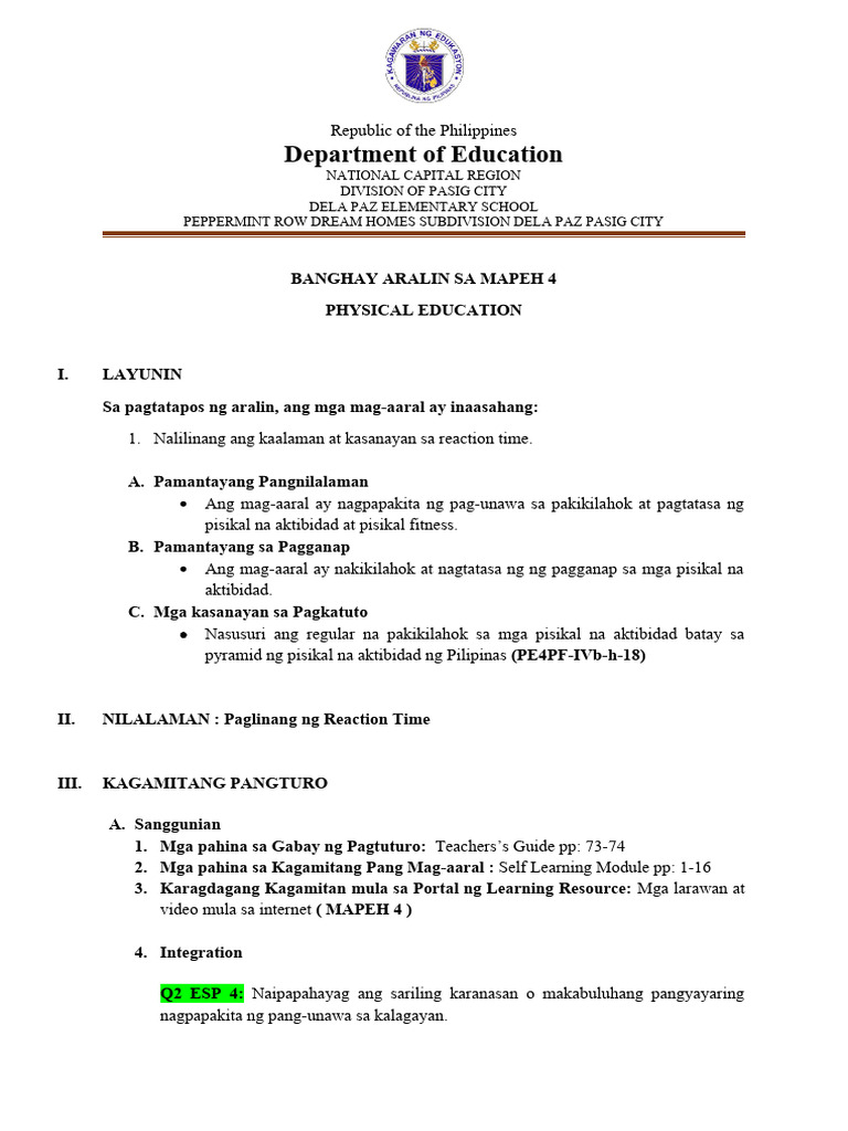 Lesson Plan in Mapeh 4 | PDF