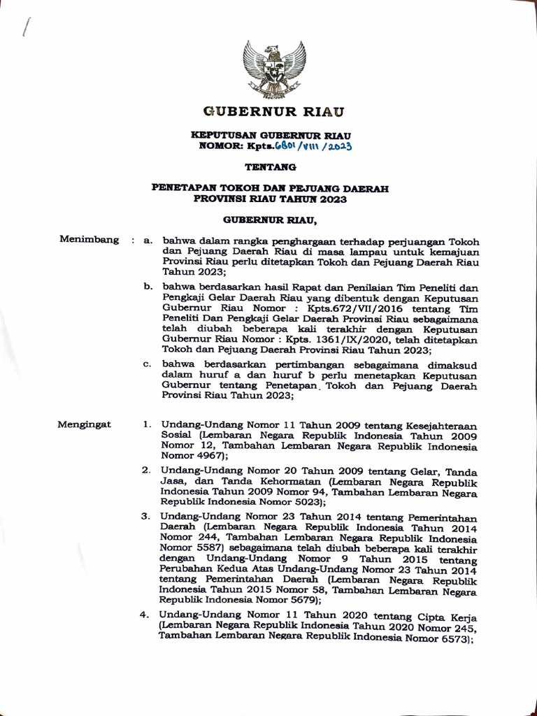 Surat Keputusan Gubernur Riau Tentang Penetapan Tokoh Dan Pejuang ...