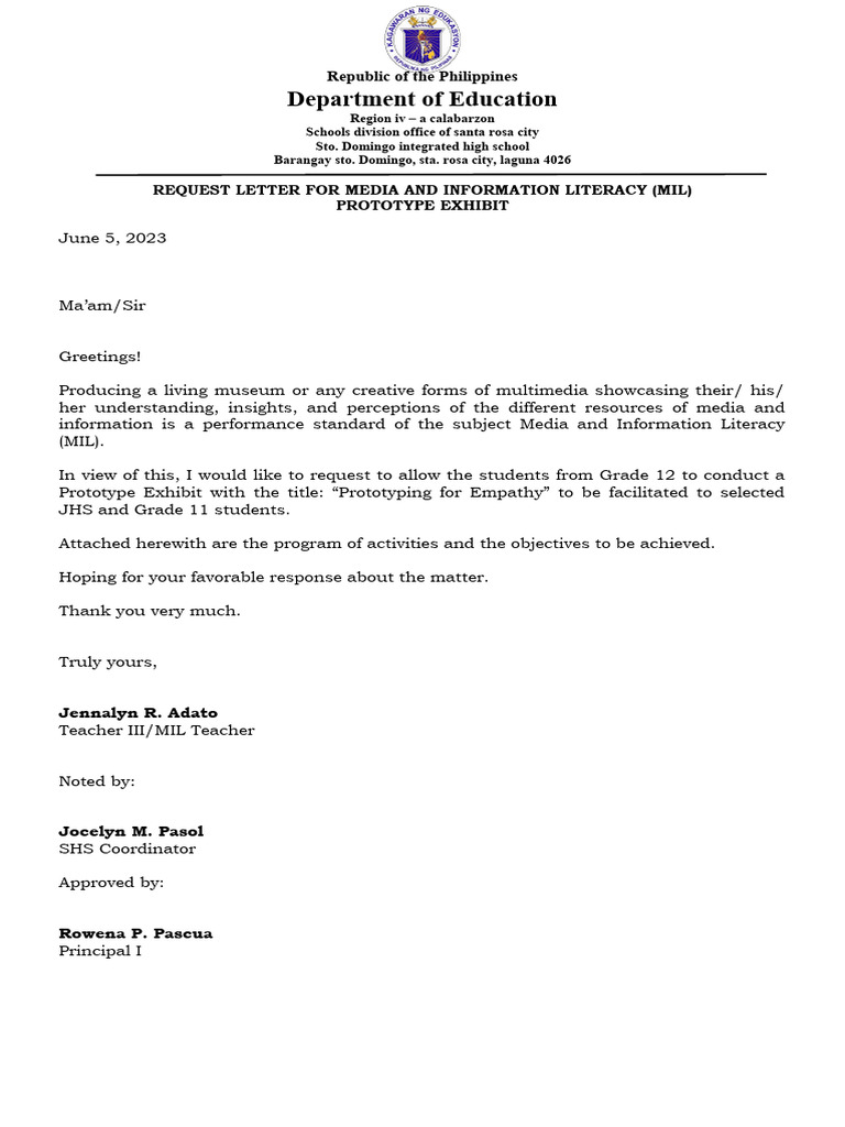 Request Letter For Prototype Exhibit | PDF | Cognitive Science | Cognition