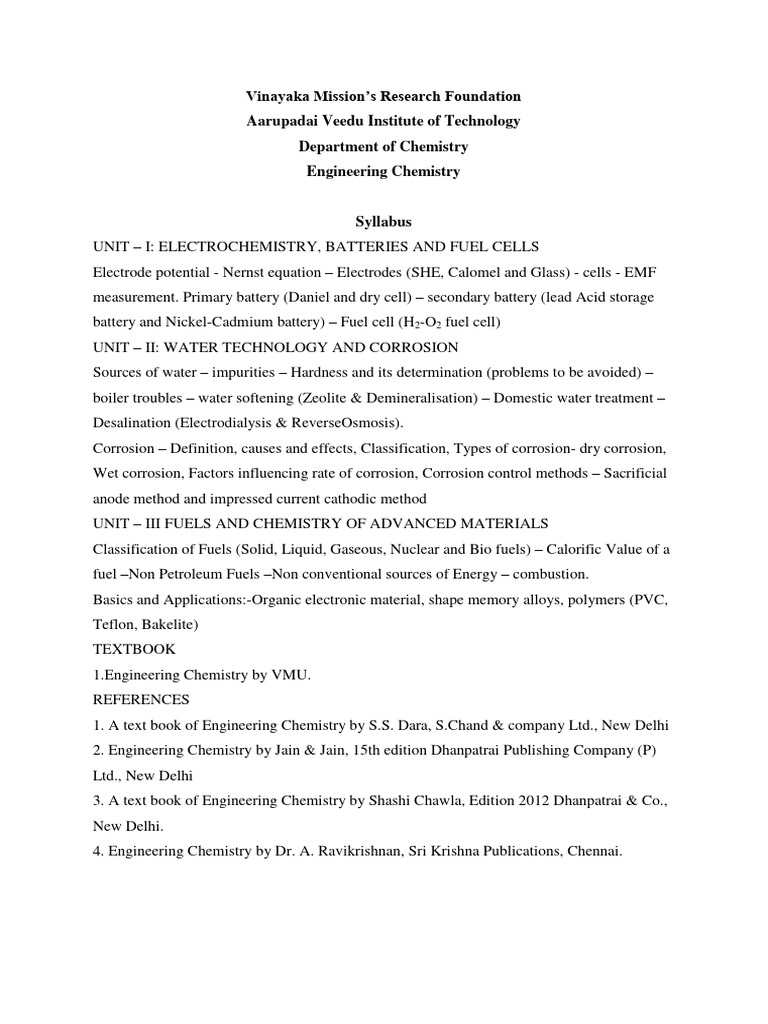 Engineering Chemistry Syllabus Overview | PDF | Electrochemistry ...