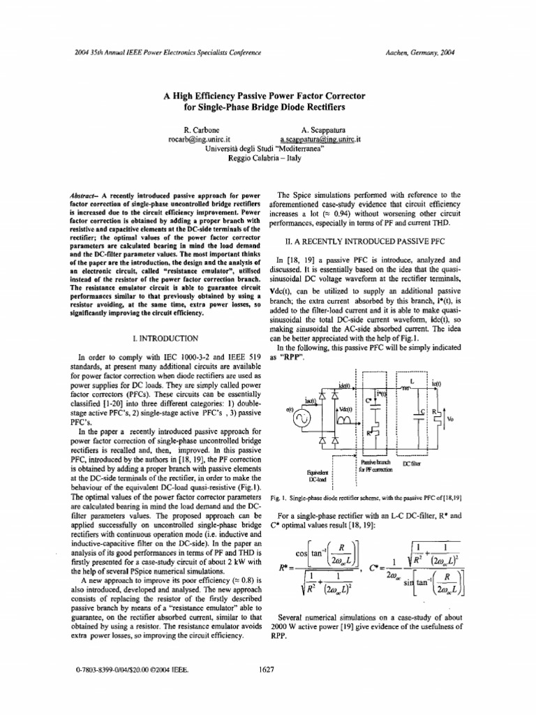 A High Efficiency Passive Power Factor Corrector For Singlephase | PDF | Rectifier | Electrical ...