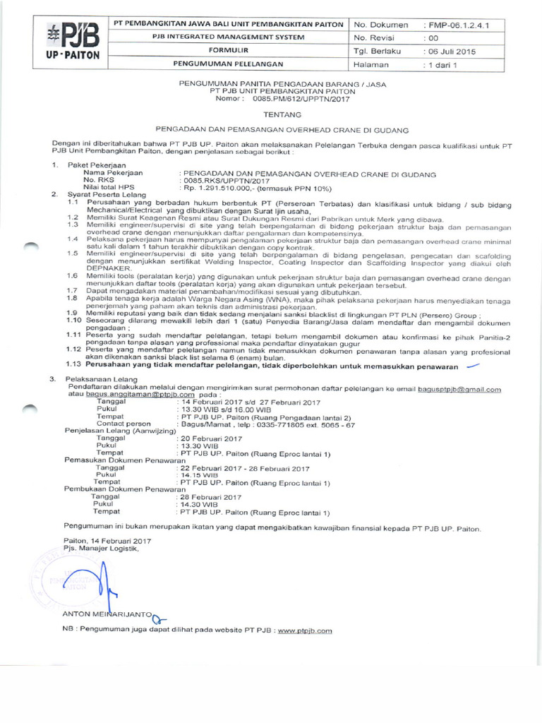 Pemasangan Overhead Crane Di Gudang 04 Pt. PJB Up Paiton - PDF | PDF