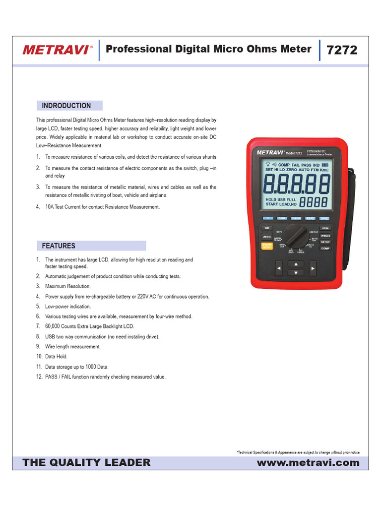 Metravi 7272 10A Micro Ohms Meter Catalogue | PDF | Electrical ...