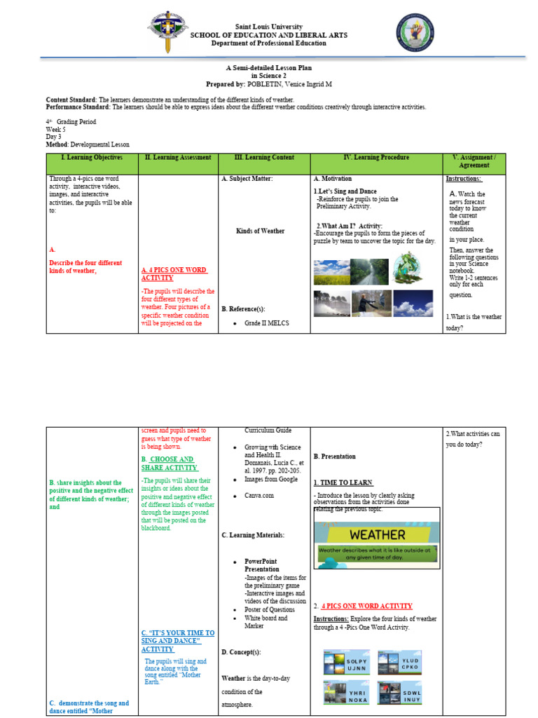 Lesson Plan in Science Grade 3 Week 4 | Download Free PDF | Learning | Weather