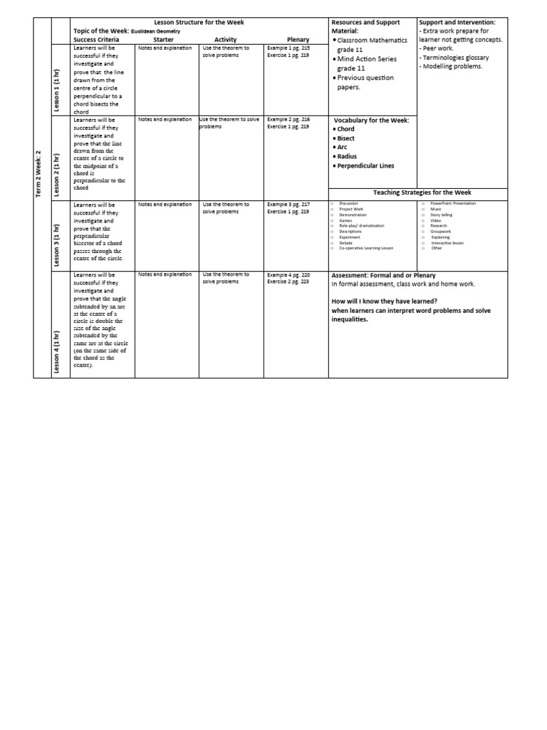 10 G11 Math T2 W2 Lessons Planning | PDF | Circle | Learning