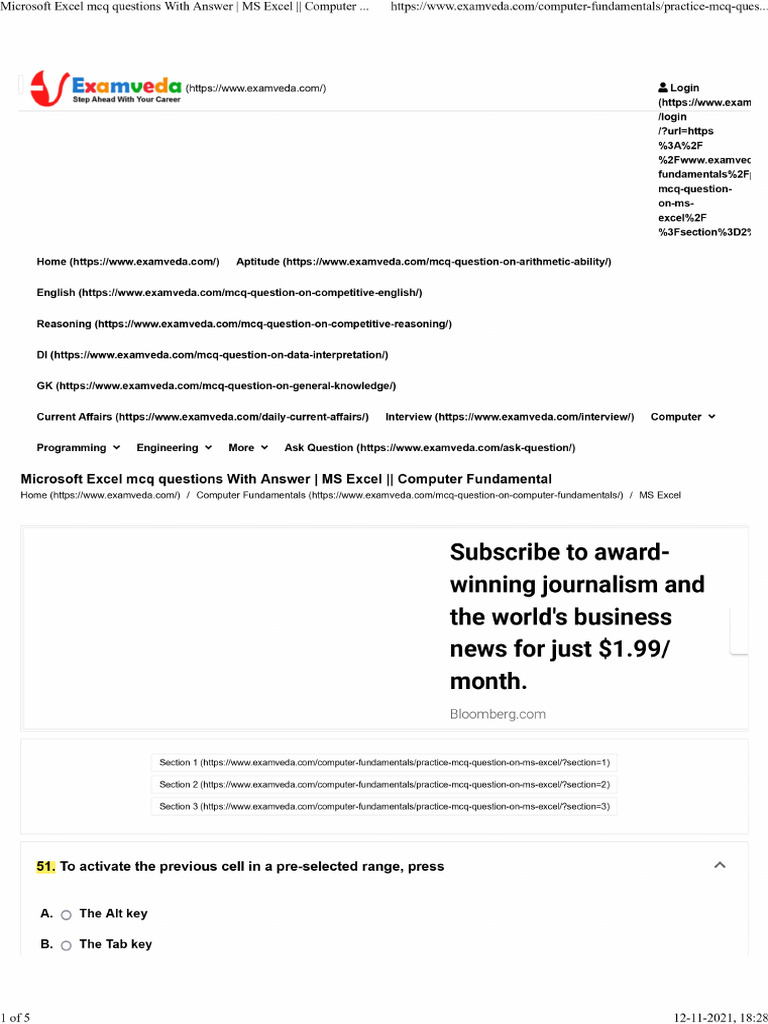 Microsoft Excel MCQ Questions With Answer - MS Excel - Computer Fundamental | Download Free PDF ...