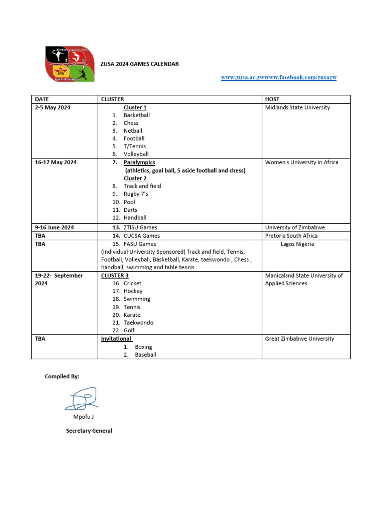 Zusa 2024 Games Calendar | PDF