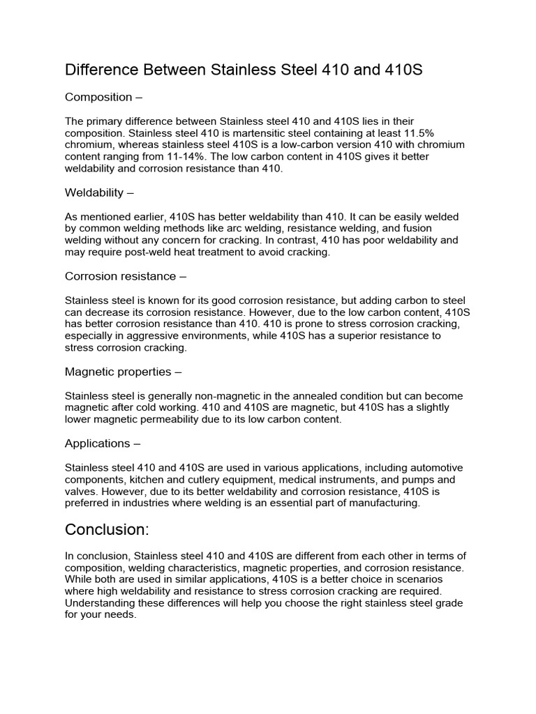 Difference Between Stainless Steel 410 and 410S | PDF