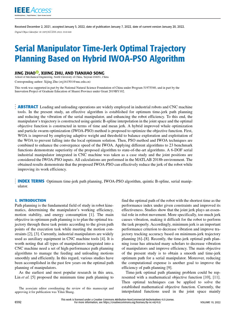 2022 IEEE Serial Manipulator Time-Jerk Optimal Trajectory Planning Based On Hybrid IWOA-PSO ...