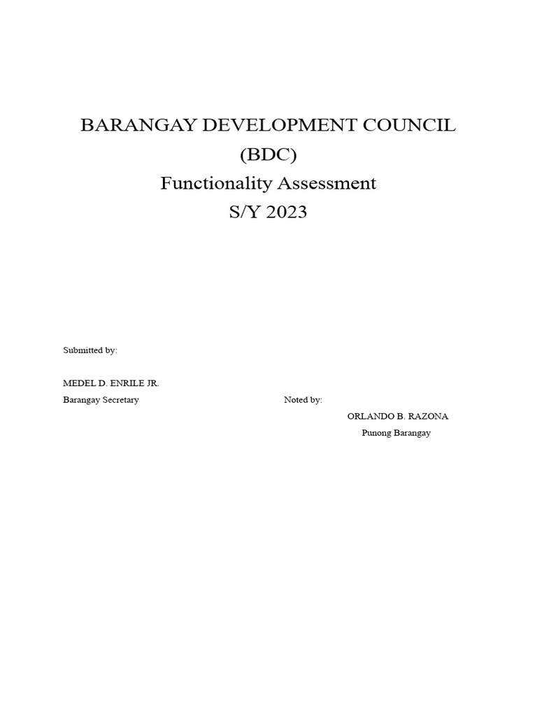 Barangay Development Council (BDC) Functionality Assessment S/Y 2023 ...