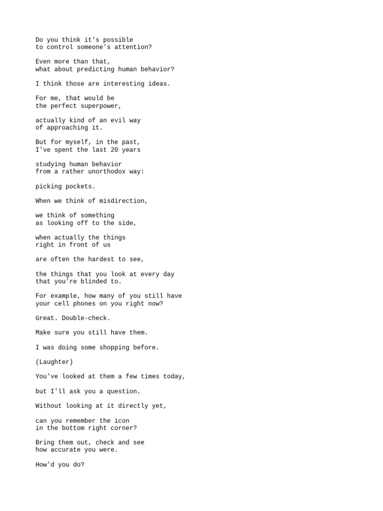 (English) The Art of Misdirection - Apollo Robbins (DownSub - Com) | PDF | Attention | Perception