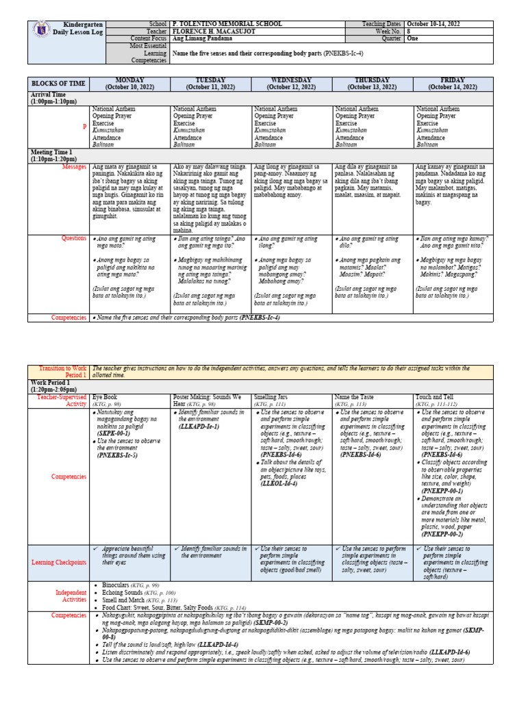 Kindergarten-DLL-MELC-Q1-Week 8 Asf | PDF