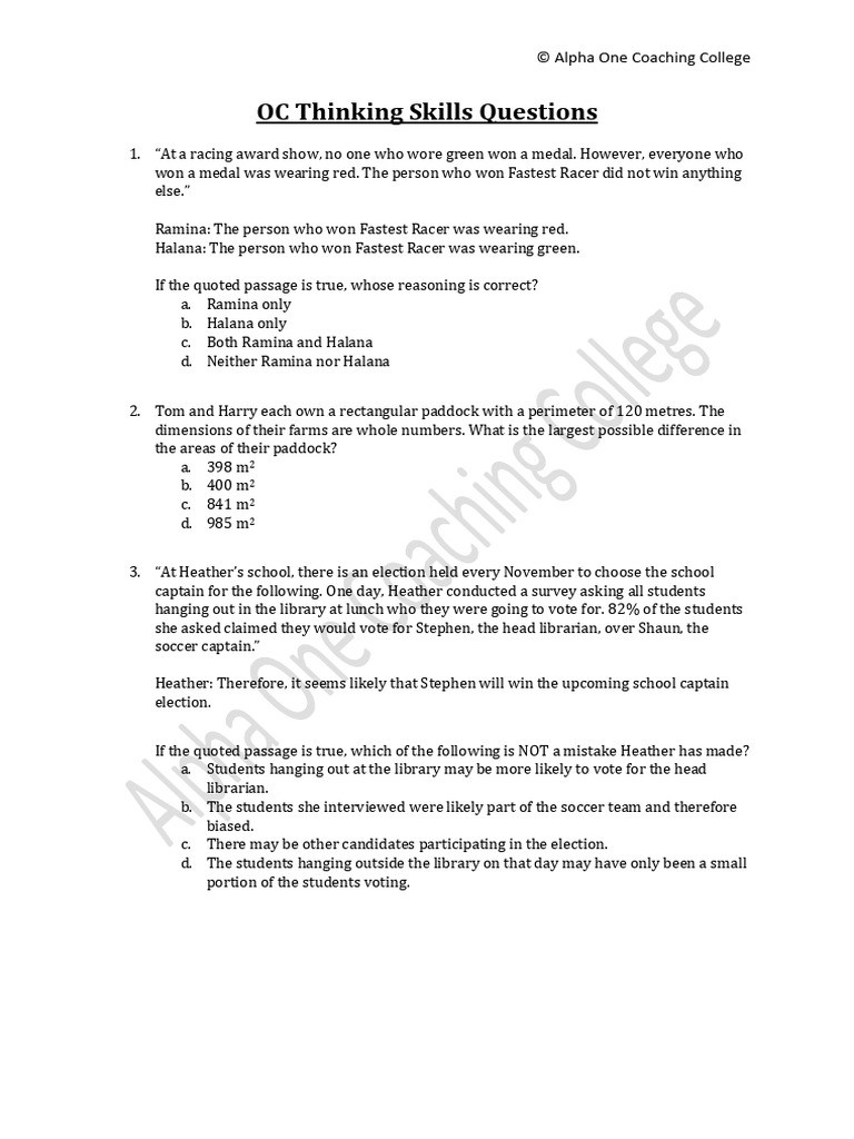 OC Thinking-Skills Miscellaneous-Questions (1) | PDF