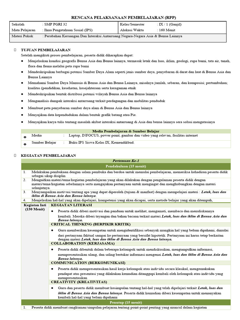 RPP 1 Lembar IPS Kelas 9 Semester 1 | PDF | Perjalanan | Sains & Matematika