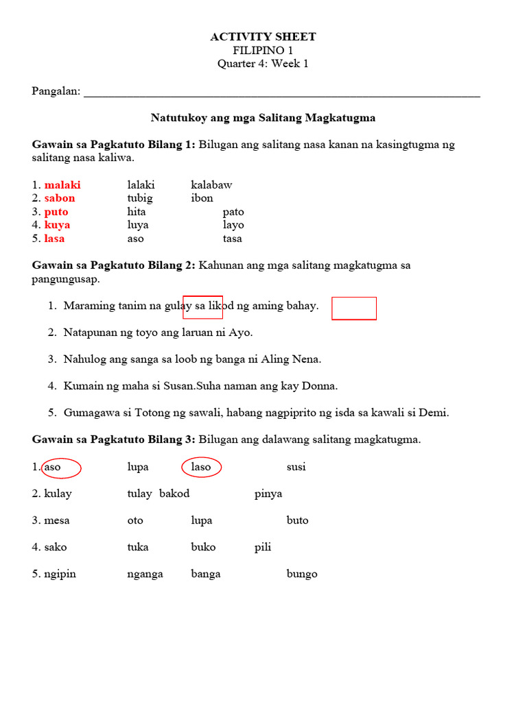 FILIPINO 1 Activity Sheet Q4 W1 | PDF